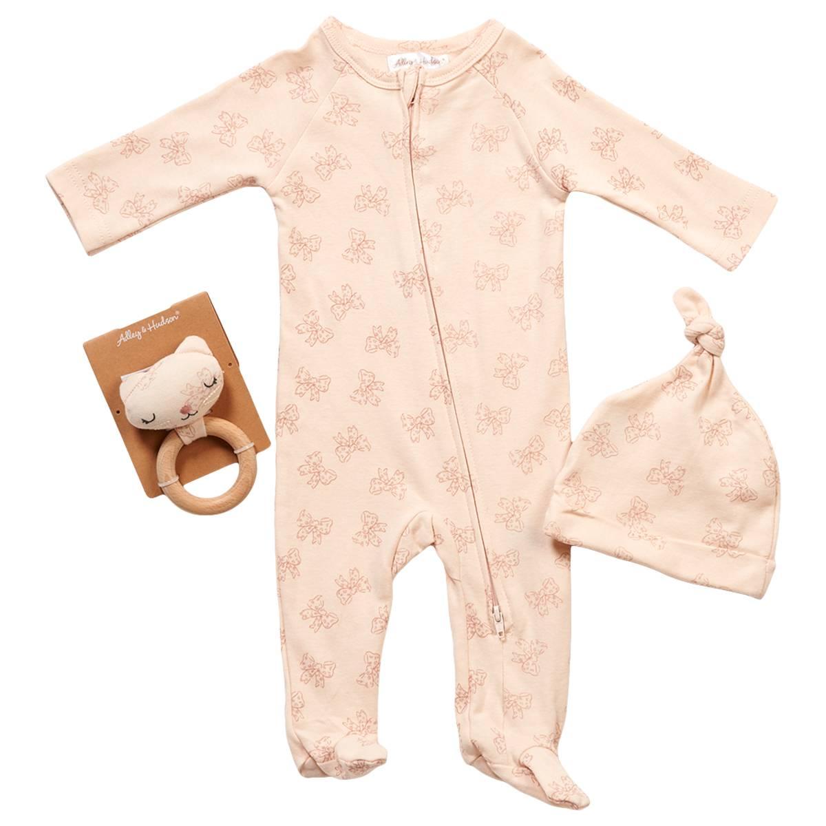 Click here for Baby Girl (NB-9M) Adley & Hudson Bow Sleeper W/ Ha... prices