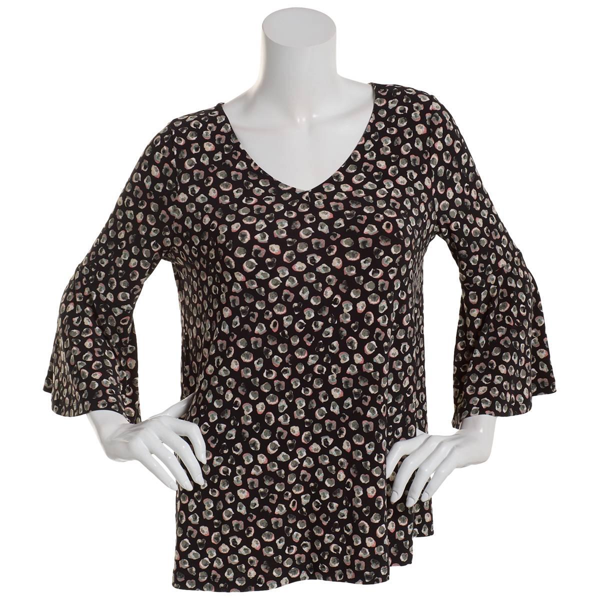 Kasper Womens Printed V-Neck Flare-Sleeve Top - Grafitti/ivory