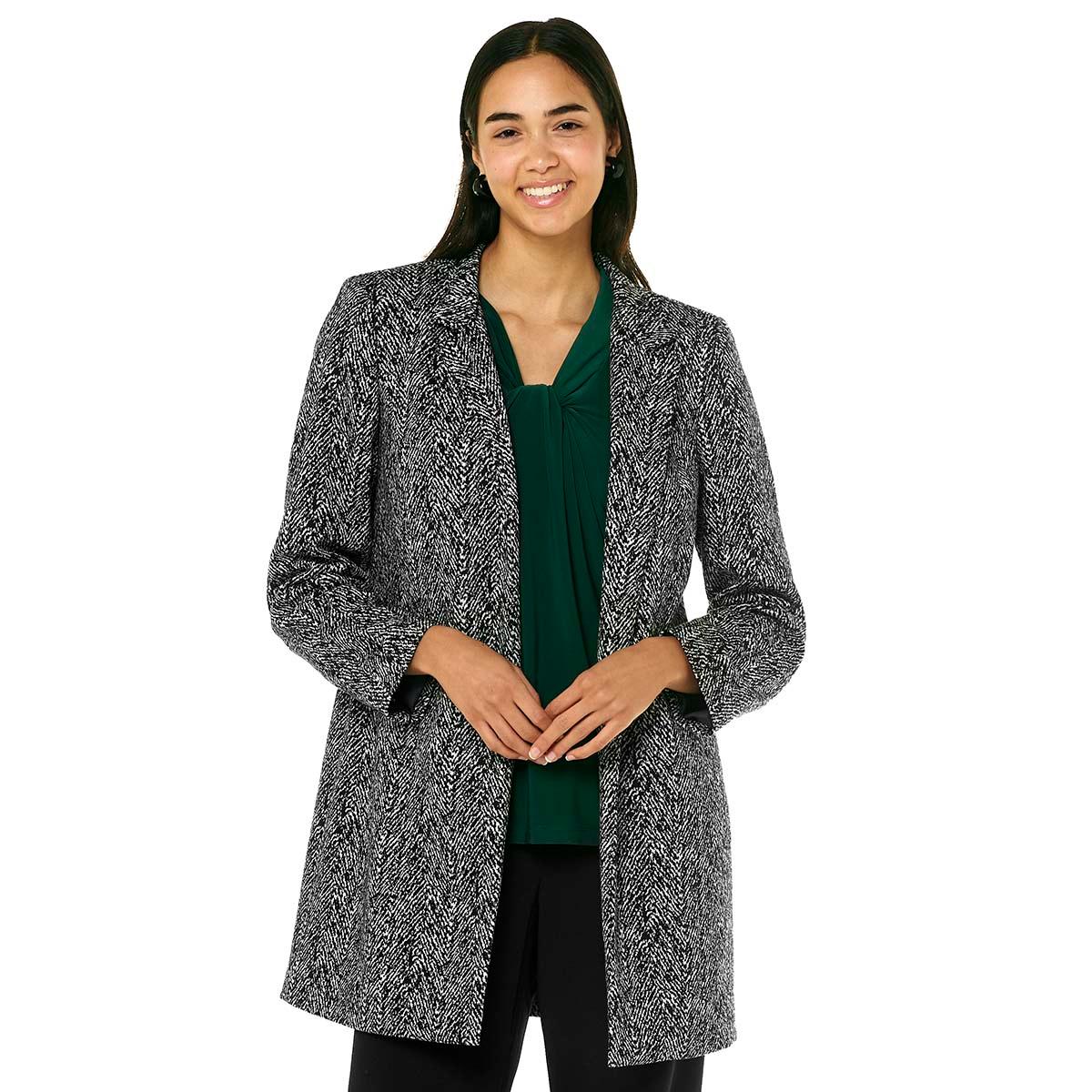 Kasper Plus Size Knit Jacquard Long Jacket - Black/vanilla Ice