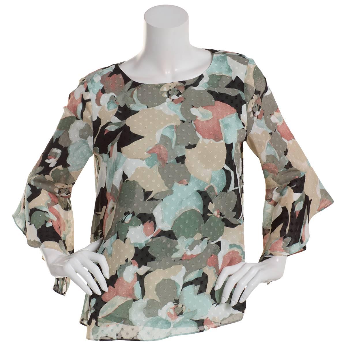 Kasper Womens Printed Ruffle-Sleeve Blouse  Regular & Petite - Black Multi