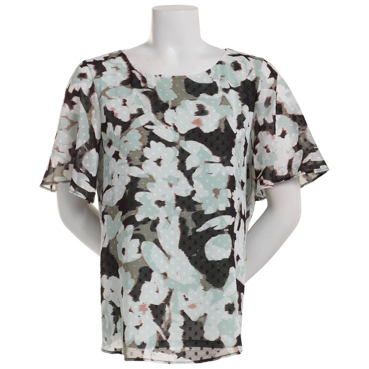 Kasper Womens Printed Swiss Dot Flutter-Sleeve Blouse - Sea Glass Multi