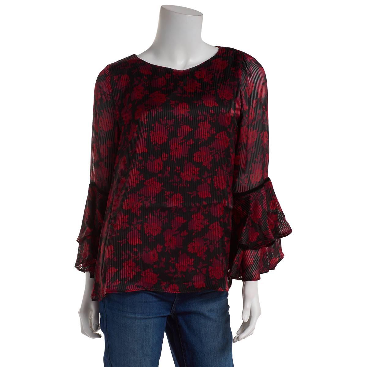 Kasper Plus Size Tiered Bell-Sleeve Top - Fire Red Multi