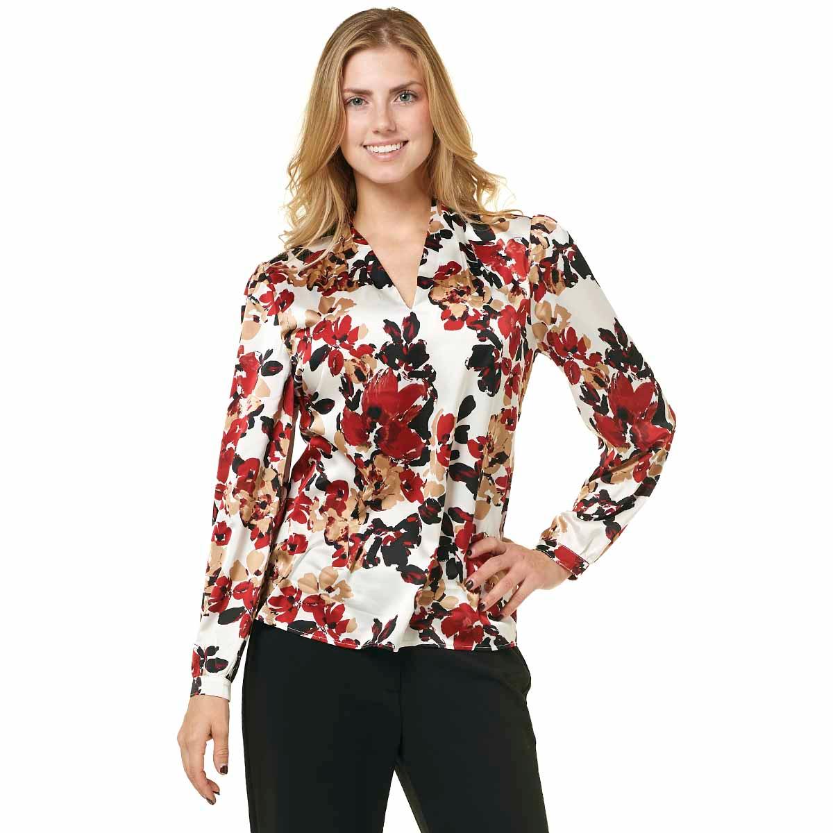 Kasper Womens Printed Pleated-Shoulder Blouse - Vanilla Ice Multi