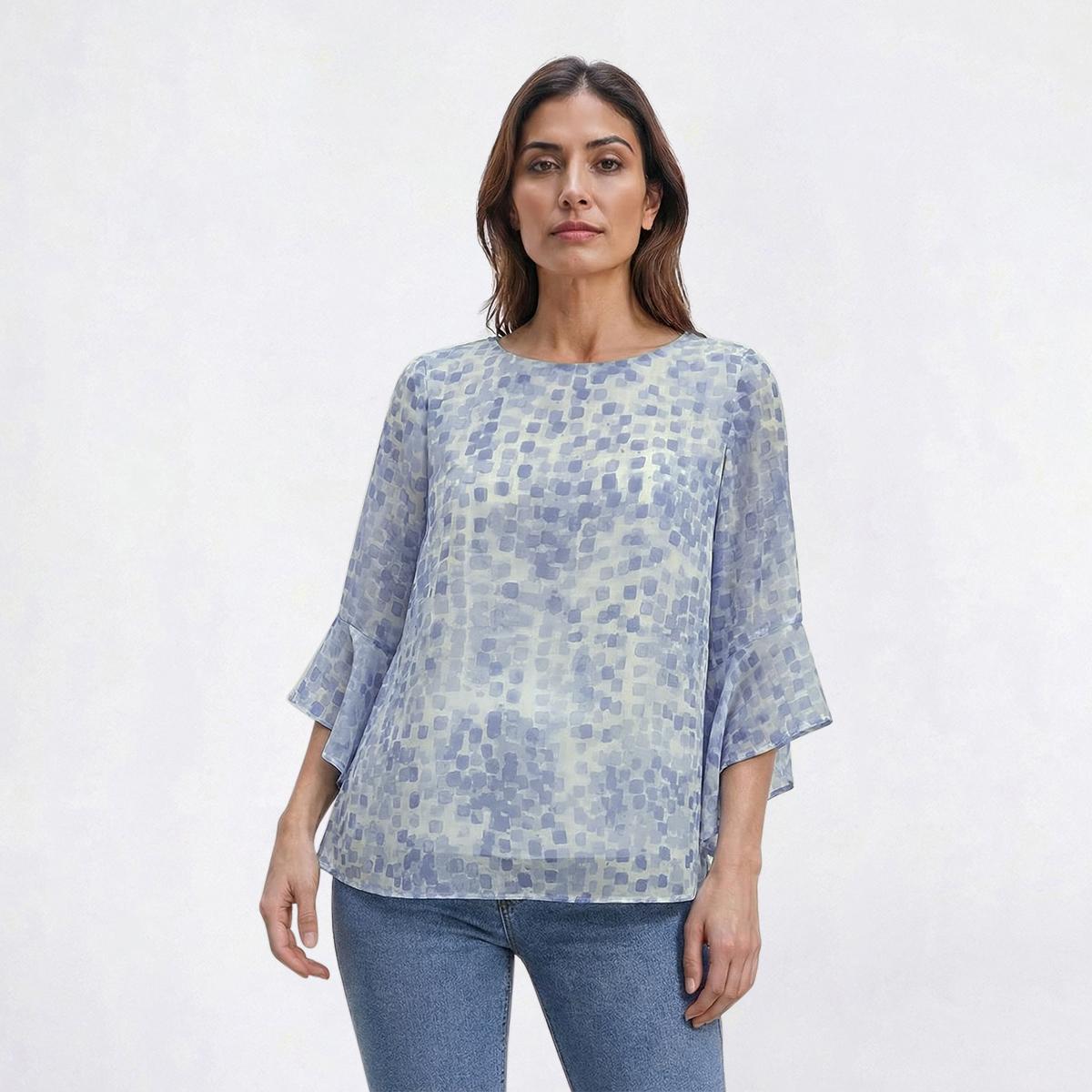 Kasper Womens Printed Ruffle-Sleeve Blouse  Regular & Petite - Paris Blue Multi