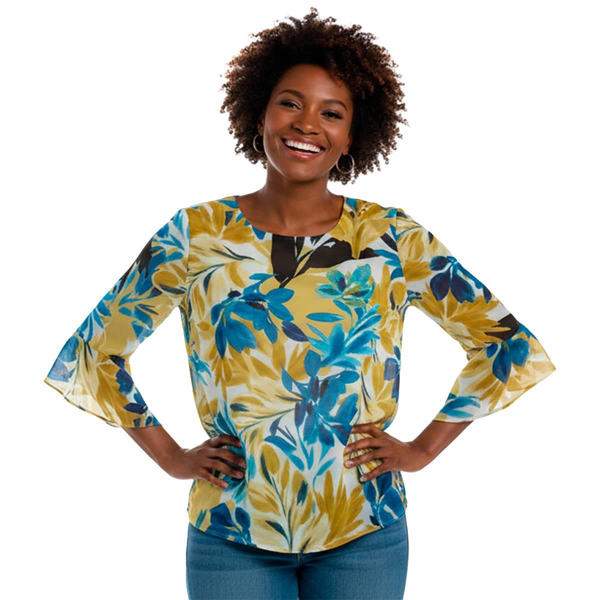 Kasper Petite Boat Neck Ruffle-Sleeve Blouse - Butterscotch Multi