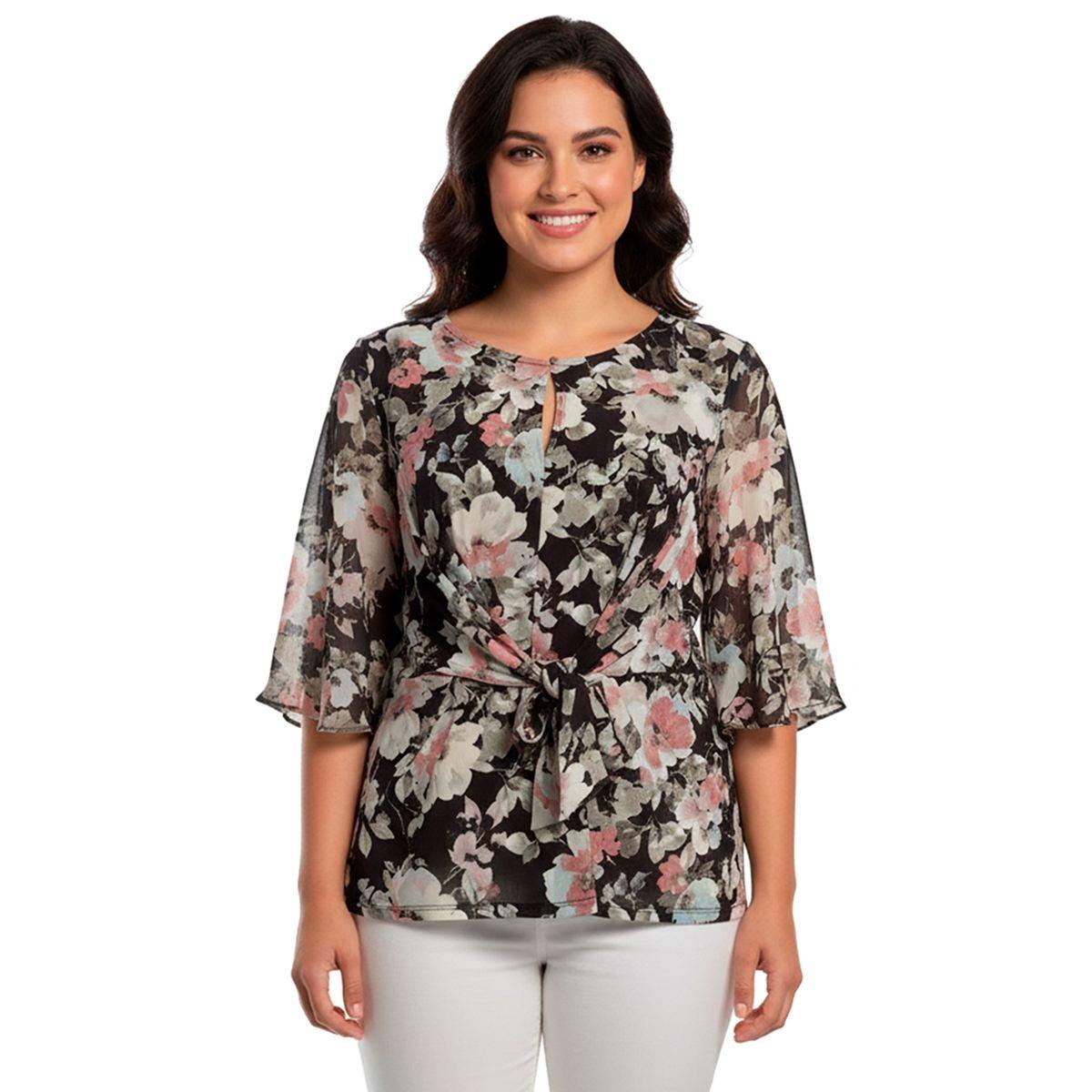Click here for Plus Size Kasper 3/4 Sleeve Keyhole Neck Floral Ti... prices