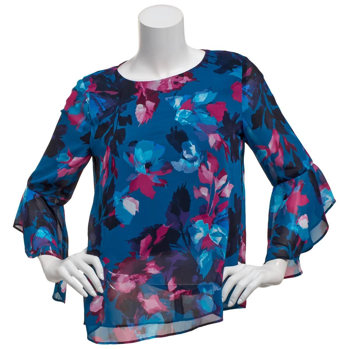 Plus Size Kasper 3/4 Ruffle Sleeve Leaf Chiffon Blouse