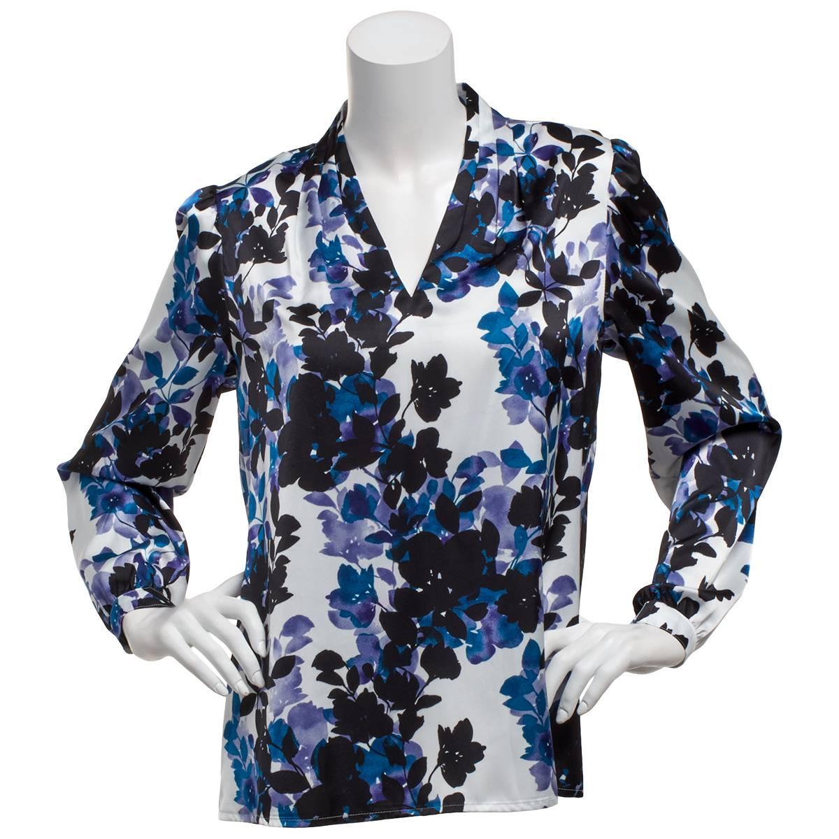 Click here for Petite Kasper Long Sleeve Satin Floral V-Neck Blou... prices