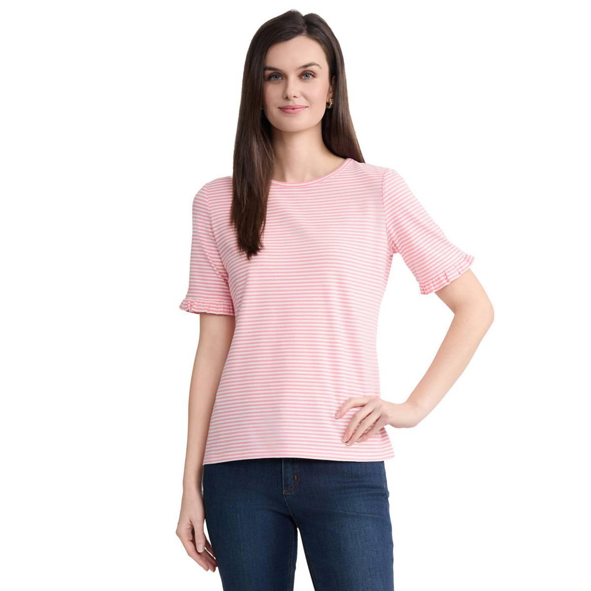 Click here for Petite Jones New York Short Ruffle Sleeve Stripe T... prices
