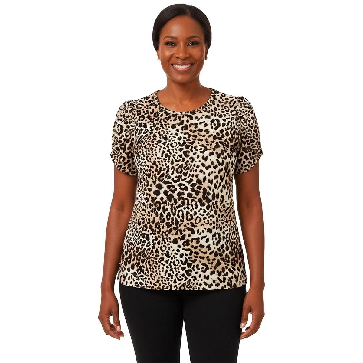 Click here for Petite AK Anne Klein Short Tulip Sleeve Leopard Bl... prices