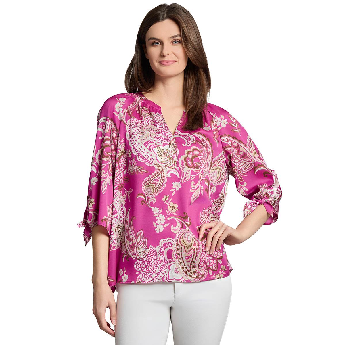Jones New York Womens Paisley-Print Tie-Sleeve Blouse - Bright Orchid Multi