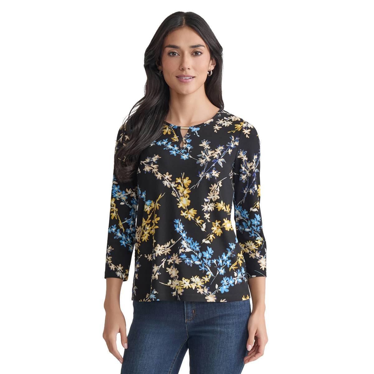 Jones New York Womens Printed Embellished-Keyhole 3/4-Sleeve Top - Jones Black Multi
