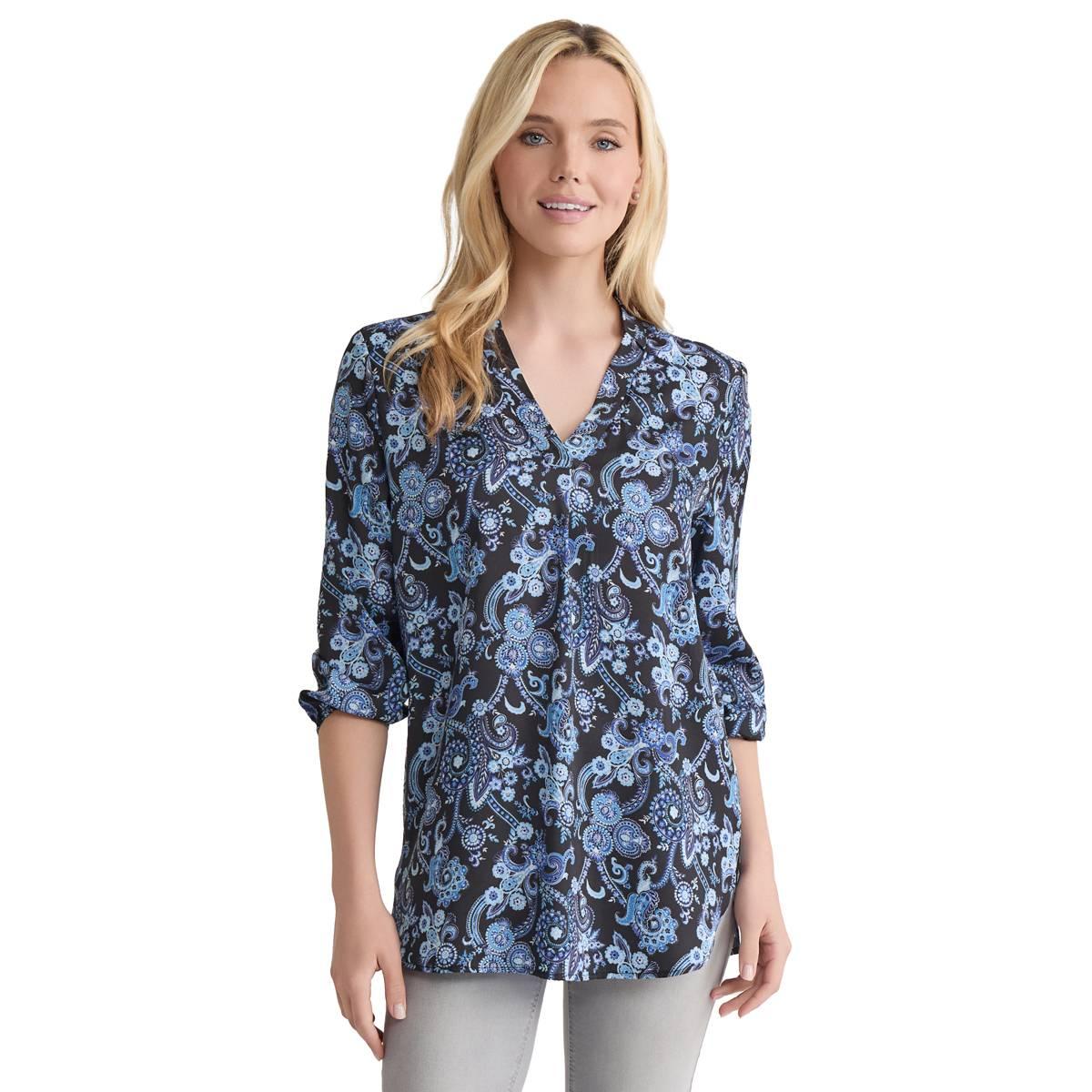 Jones New York Womens Paisley-Print 3/4-Sleeve Tunic Top - Jones Black Multi