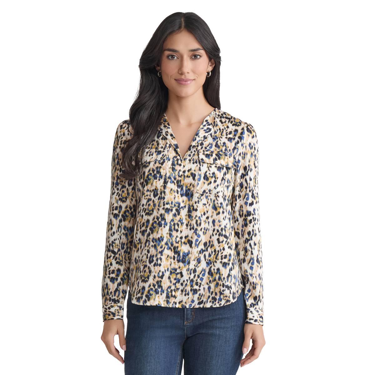 Jones New York Womens Animal-Print Flap-Pocket Long-Sleeve Top - Jones White Multi