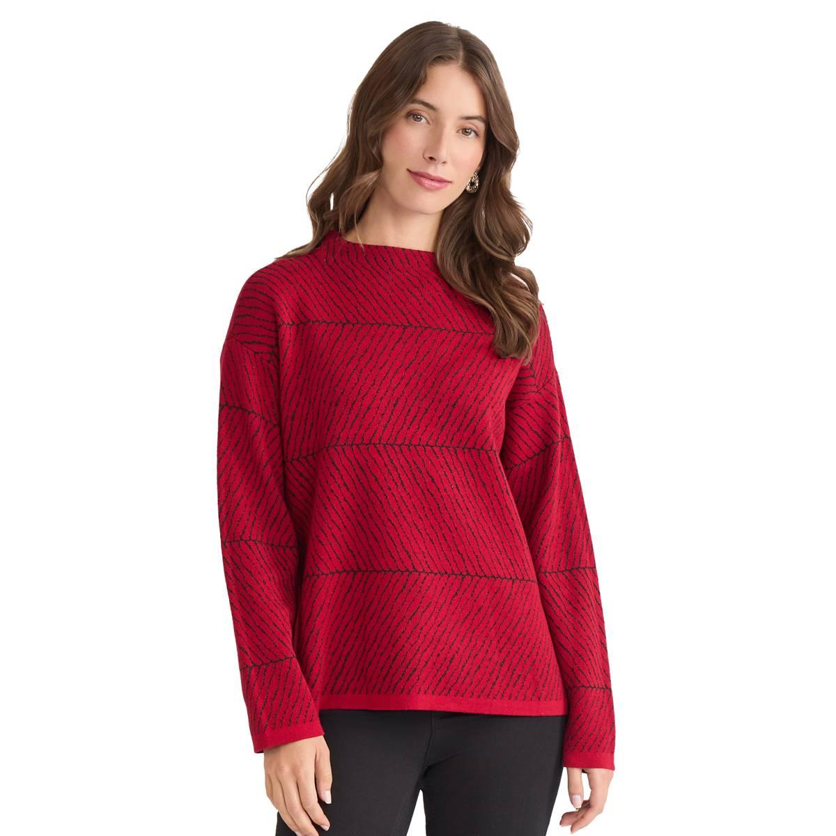Jones New York Womens Lurex Funnel Mock Neck Sweater - Venetian Red With/ Gunmetal (Lurex)