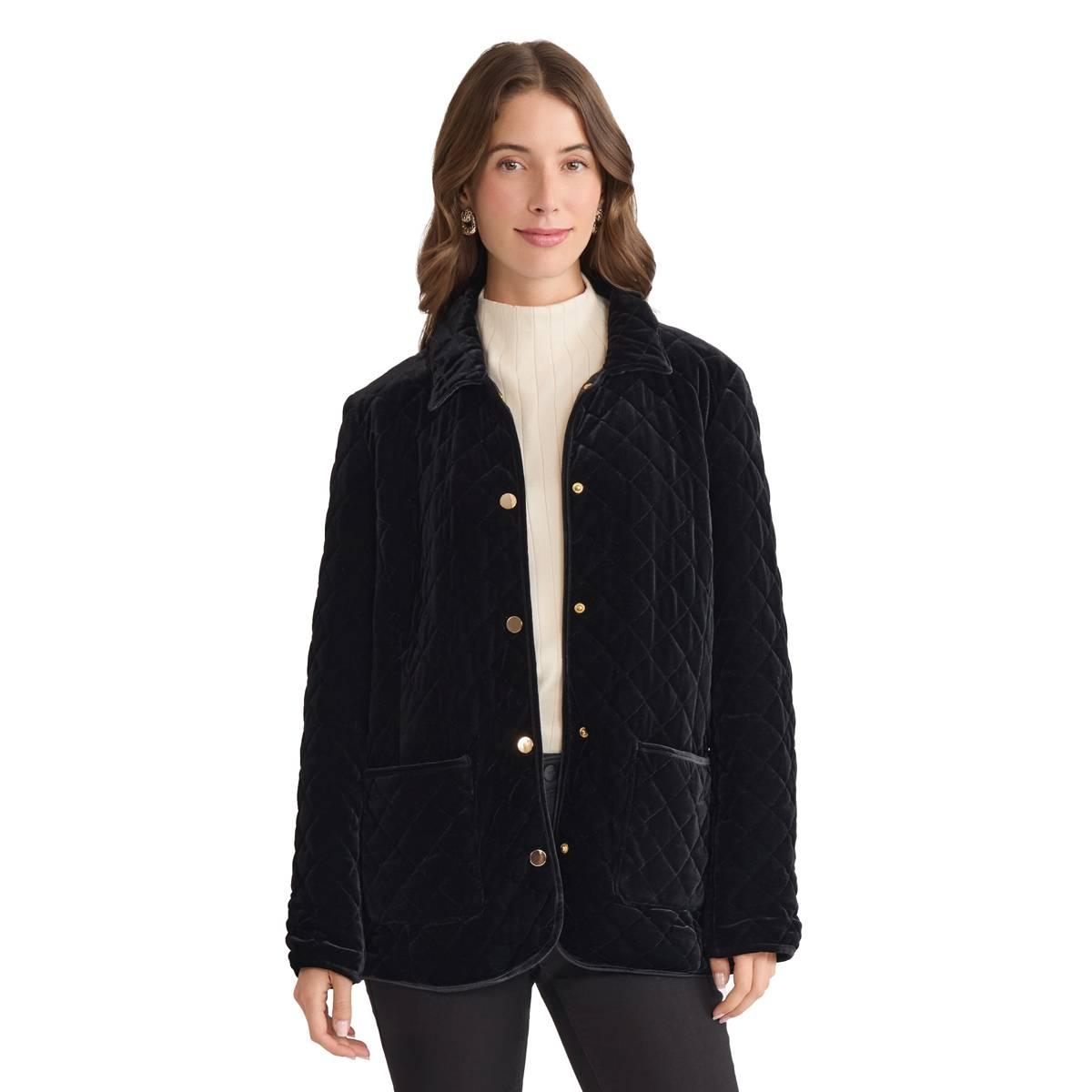 Jones New York Womens Quilted Velvet Snap-Front Jacket - Jones Black