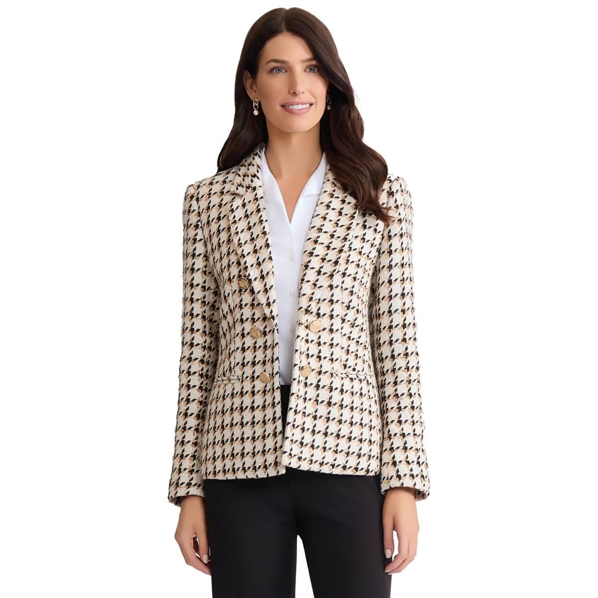 Jones New York Womens Long-Sleeve Faux Double-Breasted Jacket - Jones White Multi