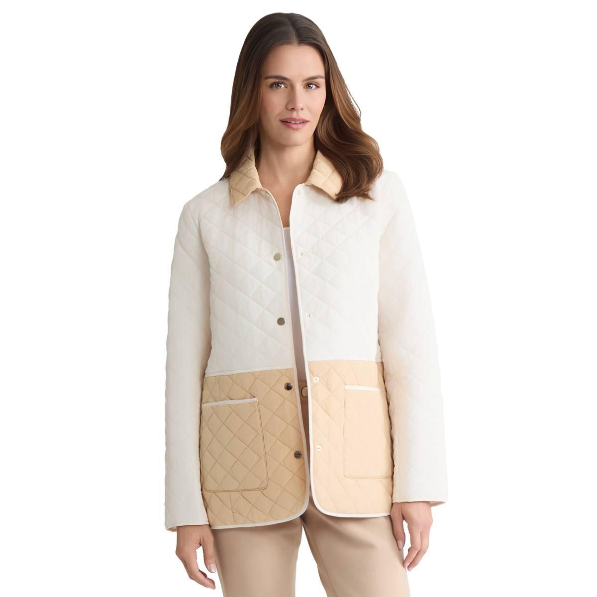Jones New York Womens Colorblock Button-Front Quilted Jacket - Jones White/Cafe Au Lait