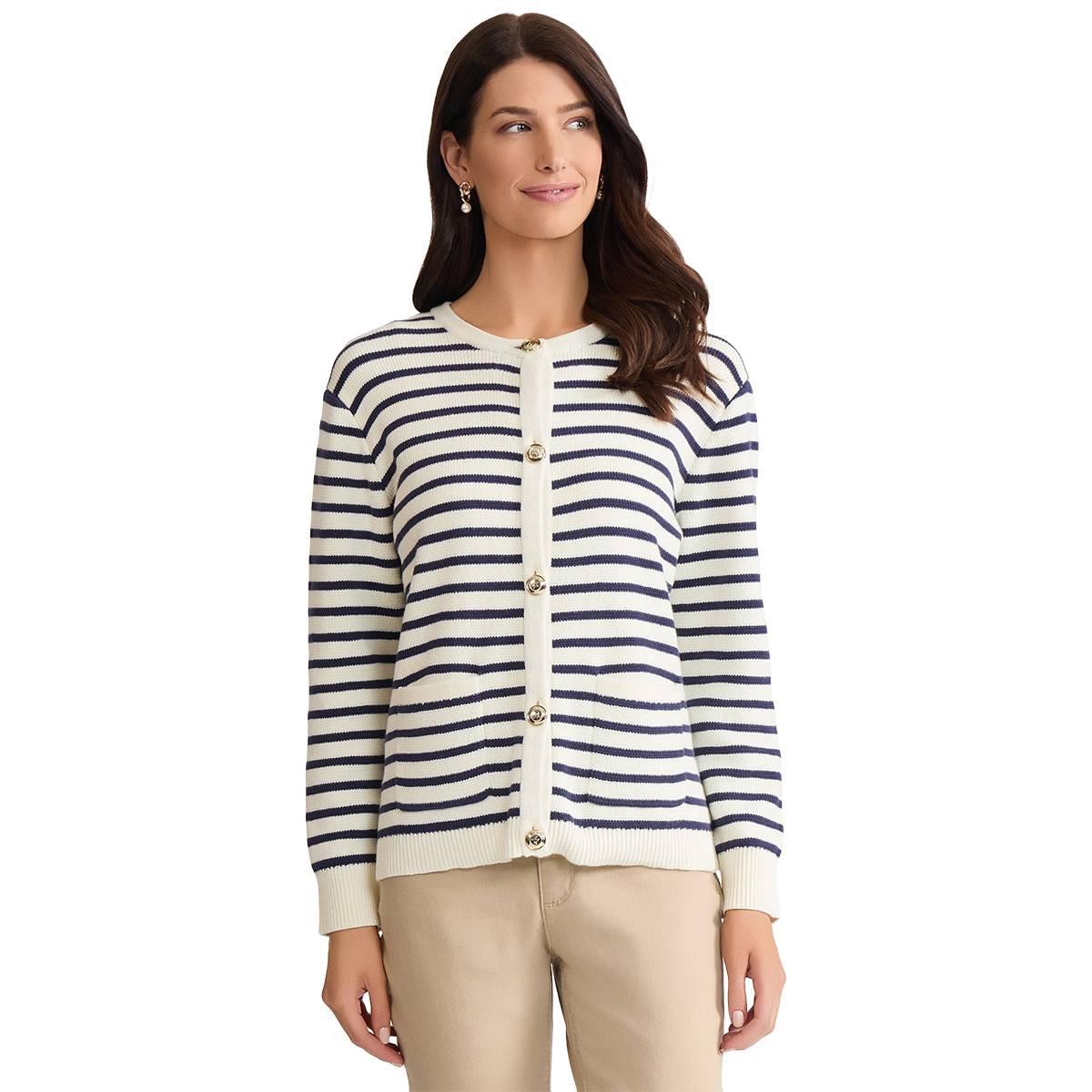Jones New York Womens Button Front Long-Sleeve Cardigan - Jones White/Navy