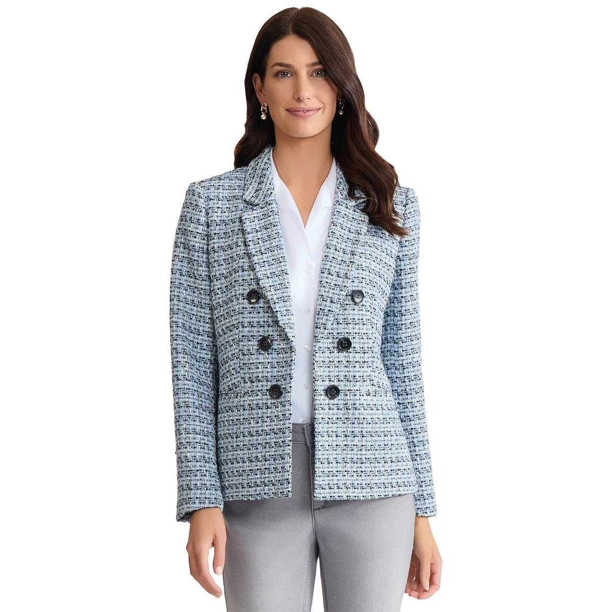 Jones New York Womens Double Breasted Long-Sleeve Jacket - Light Oxford Blue Multi