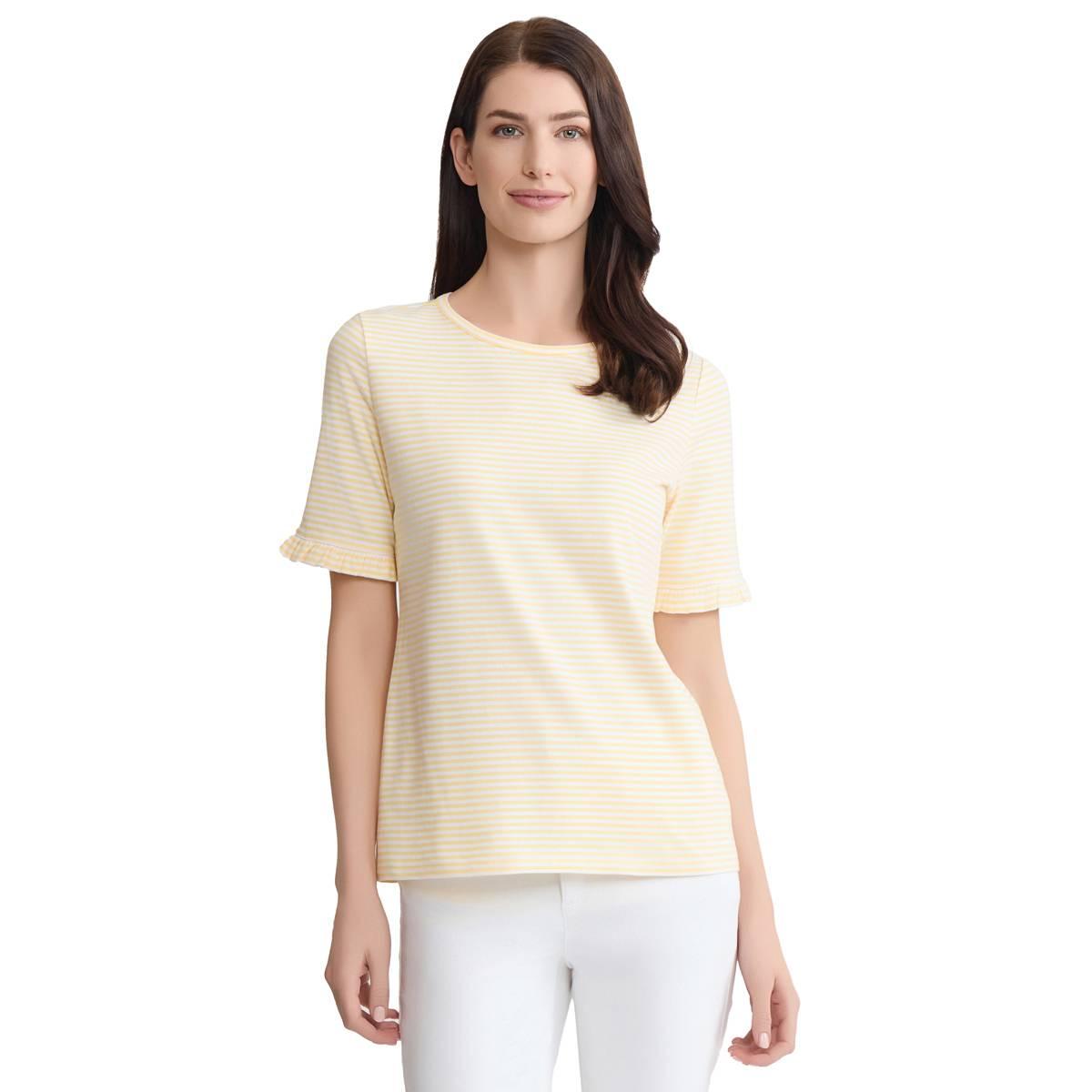 Jones New York Womens Ruffle Elbow Sleeve Crew Neck Top - Jones Black/Natural White