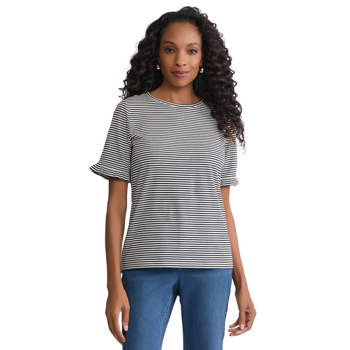 Click here for Womens Jones New York Short Ruffle Sleeve Stripe T... prices