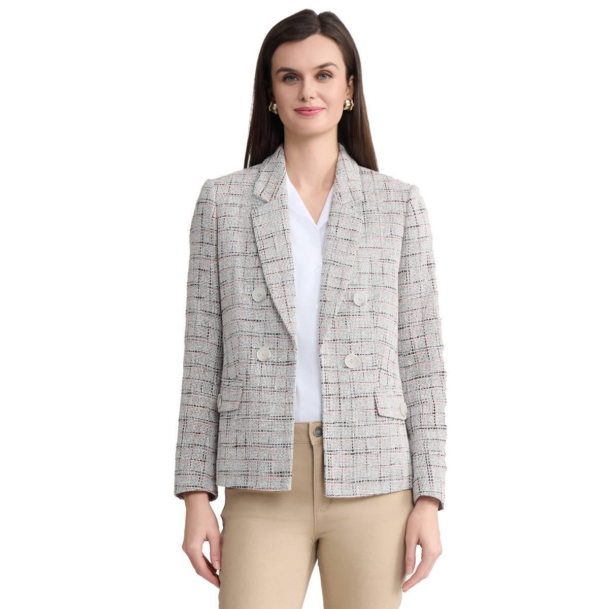 Click here for Womens Jones New York Faux Double Breasted Plaid T... prices