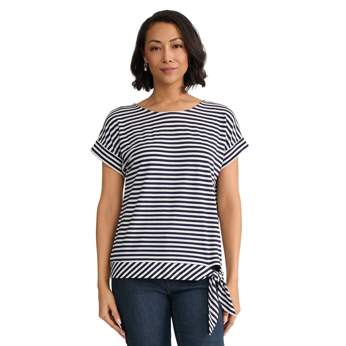 Click here for Petite Jones New York Short Sleeve Side Tie Stripe... prices