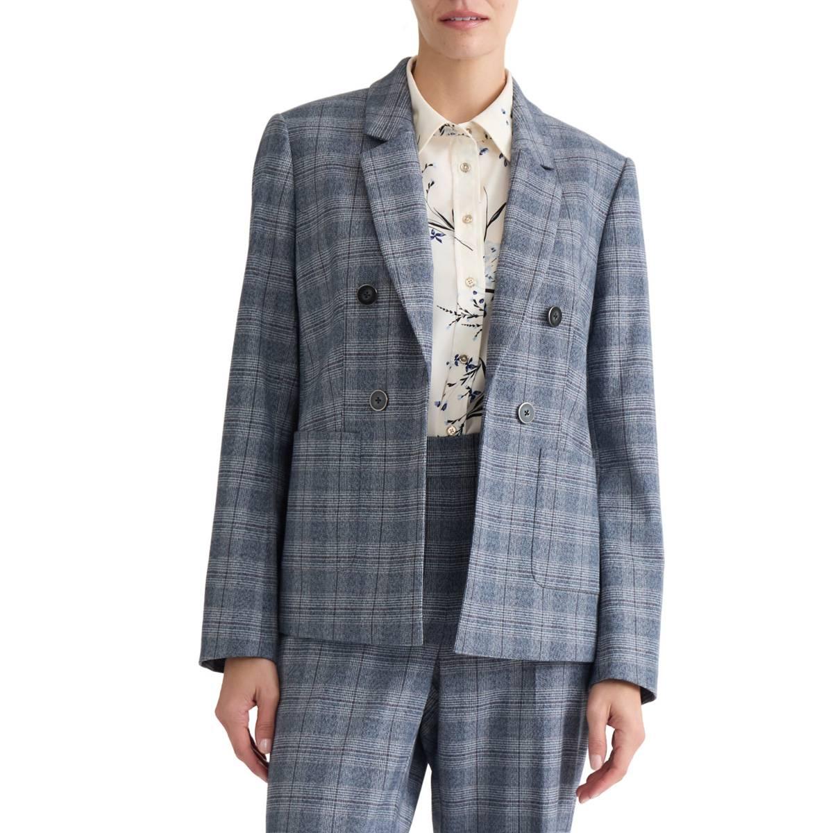 Jones New York Womens Plaid Notch Collar Jacket - Pacific Navy Multi
