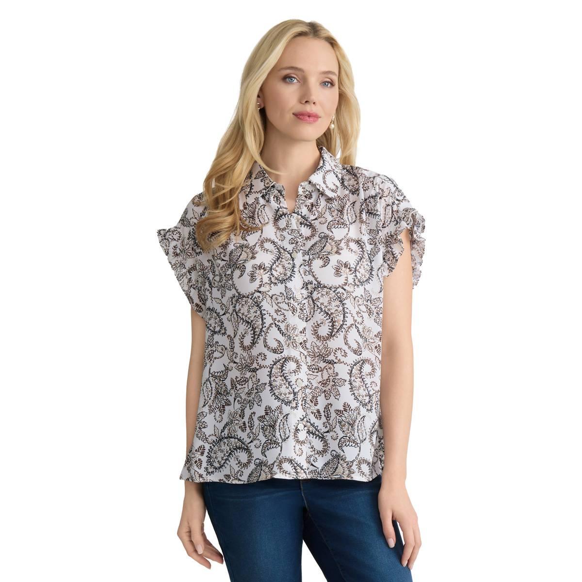 Click here for Petite Jones New York Short Ruffle Sleeve V Neck P... prices