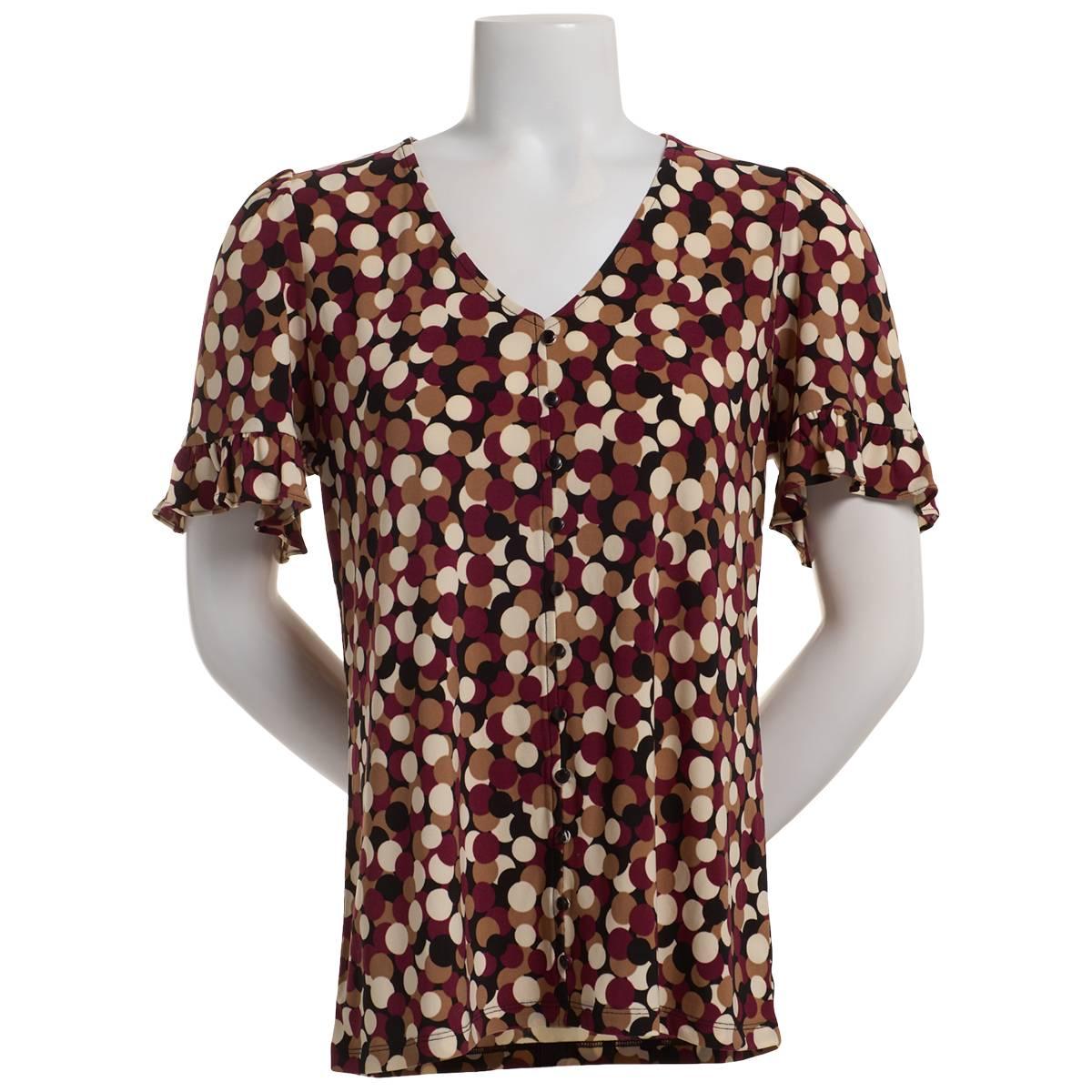 Click here for Petite Anne Klein Faux Button Front Ruffle Polka D... prices