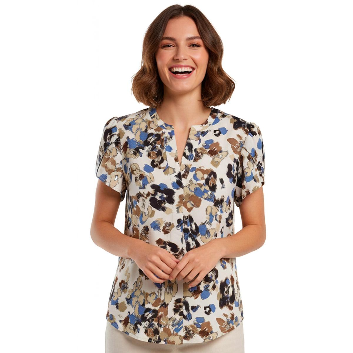 Click here for Petite AK Anne Klein Tulip Sleeve Split Neck Blur... prices