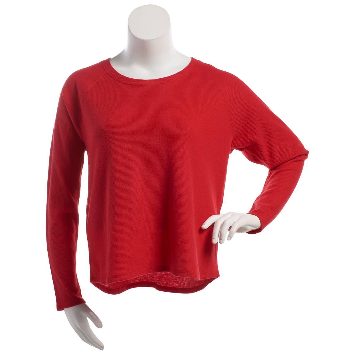 Hue Womens Solid Long-Sleeve Crewneck Pajama T-Shirt - Tango Red