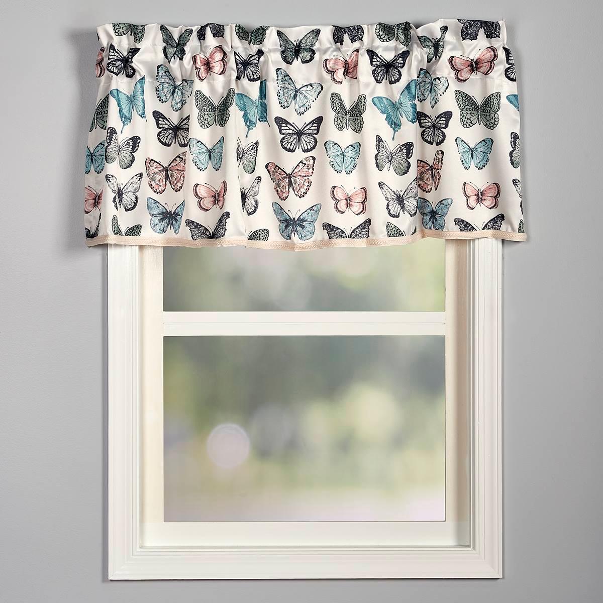 Marepesia Butterfly Print Embroidered Trim Semi-Sheer Rod Pocket Curtain Valance - Blue