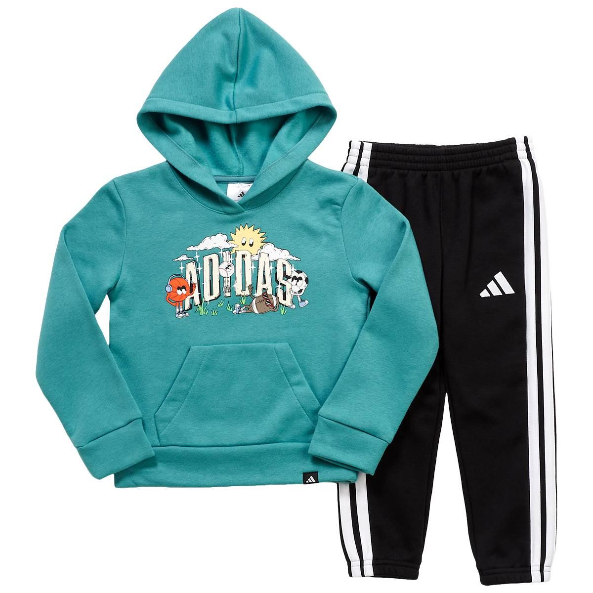 adidas Toddler & Little Boys Long-Sleeve Graphic Fleece Pullover Hoodie & Jogger Pants  2 Piece Set - Powder Teal
