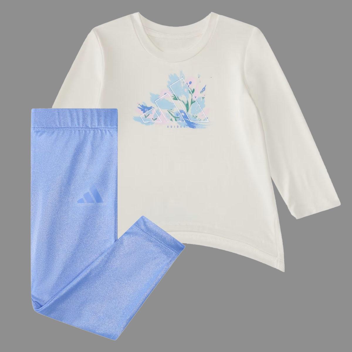 adidas Baby Girls 2-Piece Crew Neck Top and Elastic Waistband Pants Set - Chalk White/Blue