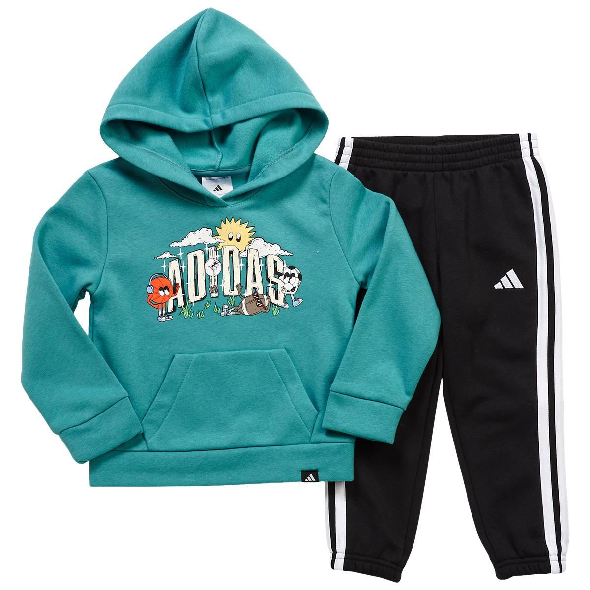 adidas Toddler & Little Boys Long-Sleeve Graphic Fleece Pullover Hoodie & Jogger Pants  2 Piece Set - Powder Teal