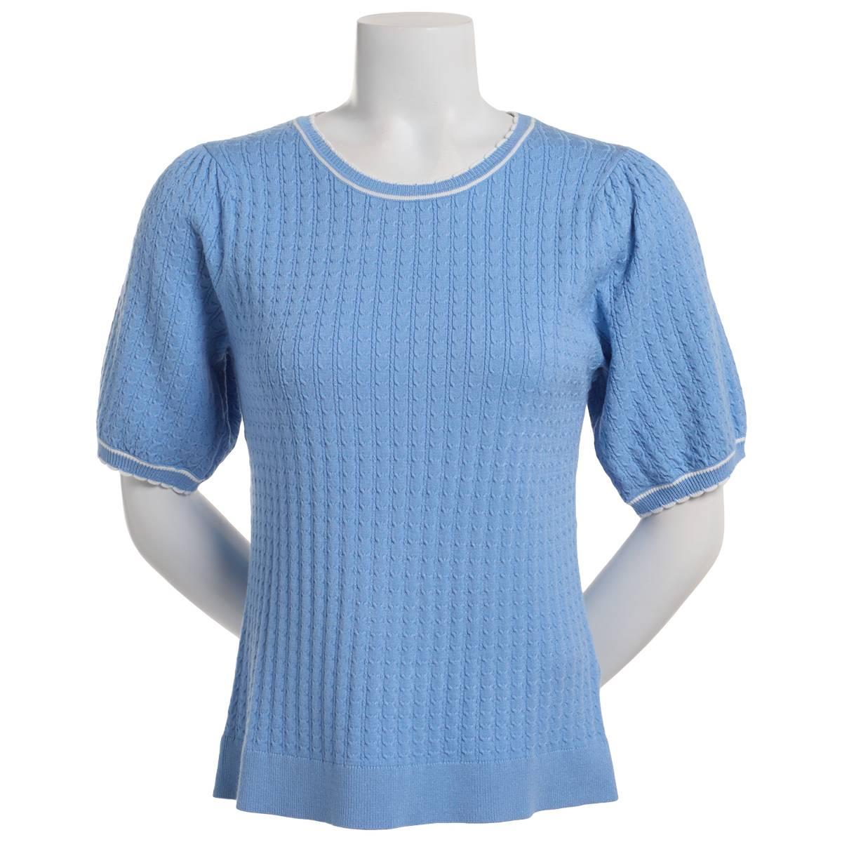 Womens Adrianna Papell Short Sleeve Scallop Edge Tipping Sweater