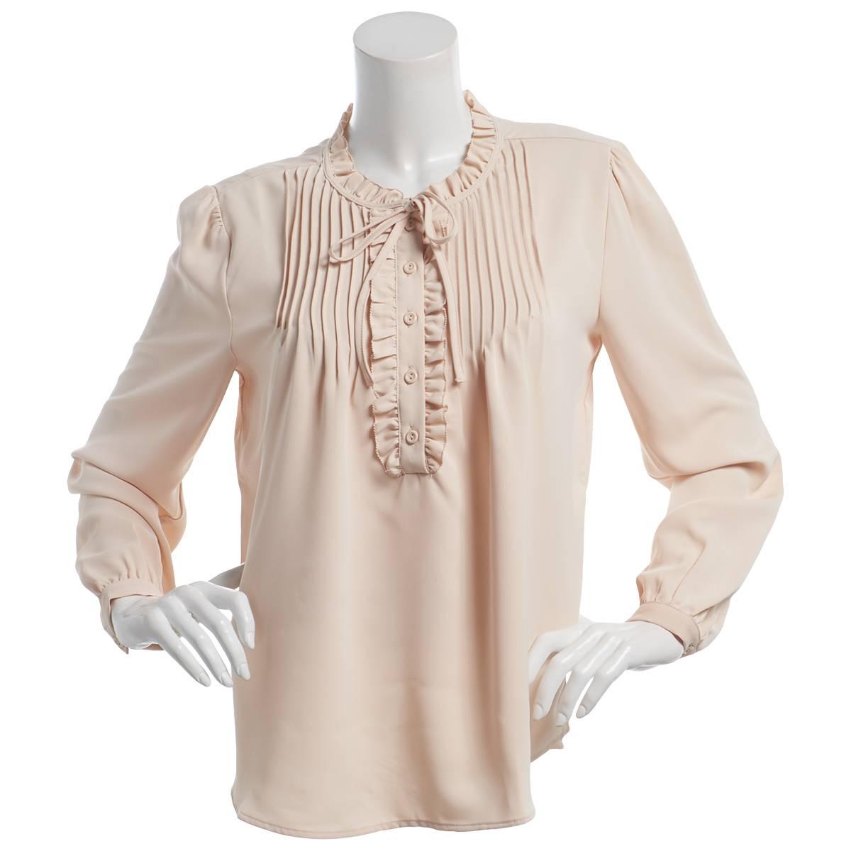 Click here for Womens Adrianna Papell Long Sleeve Ruffle Neck Pin... prices