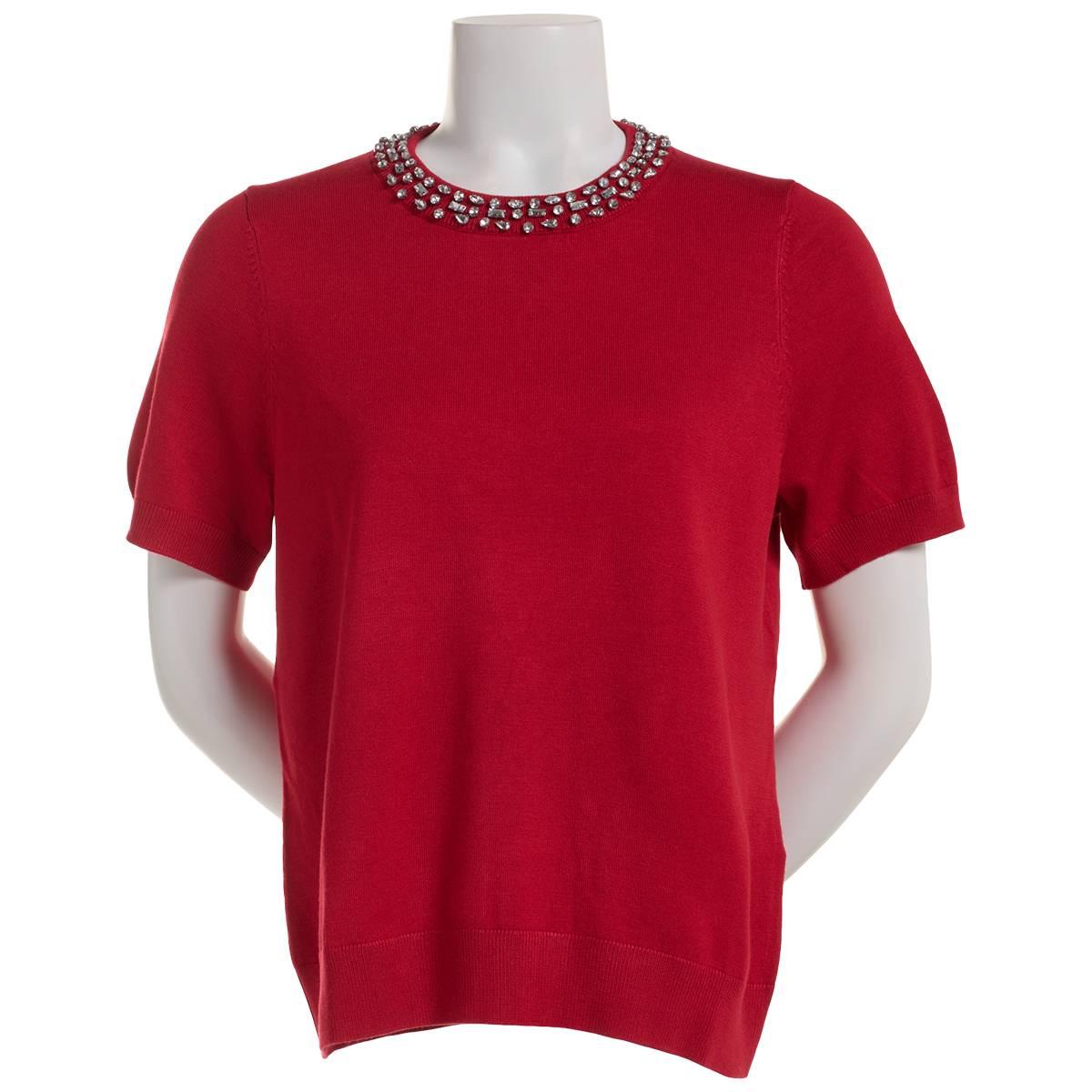 Womens Adrianna Papell Long Sleeve Jewel Embellished Neck Sweater