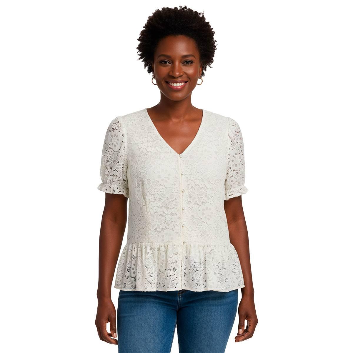 Click here for Womens Adrianna Papell Short Sleeve V Neck Lace Ru... prices