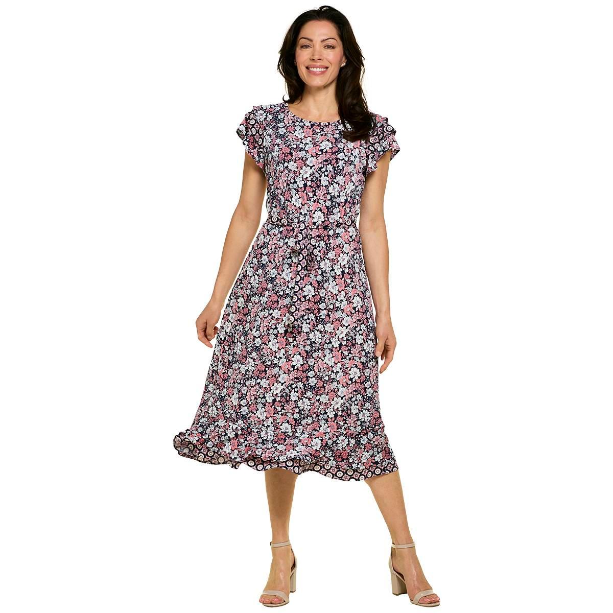 Click here for Womens Perceptions Short Sleeve Belted Floral Midi... prices