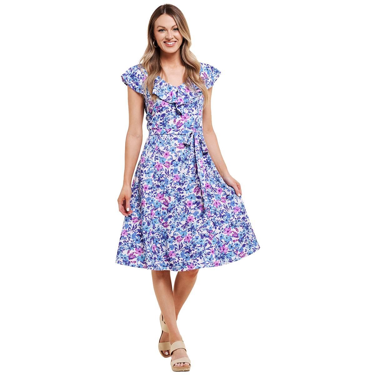 Click here for Petite Perceptions Ruffle Trim Floral A-Line Dress... prices