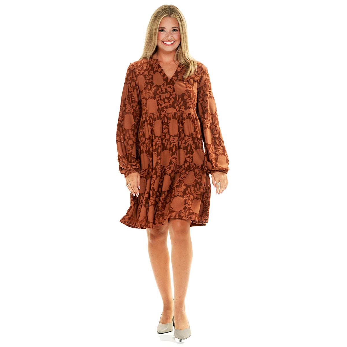 Womens Perceptions Long Sleeve Burnout Floral A-Line Dress