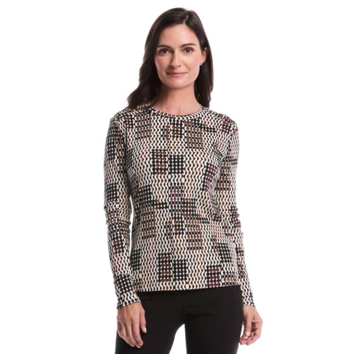 Womens Rafaella(R) Crew Neck Long Sleeve Geometric Blouse