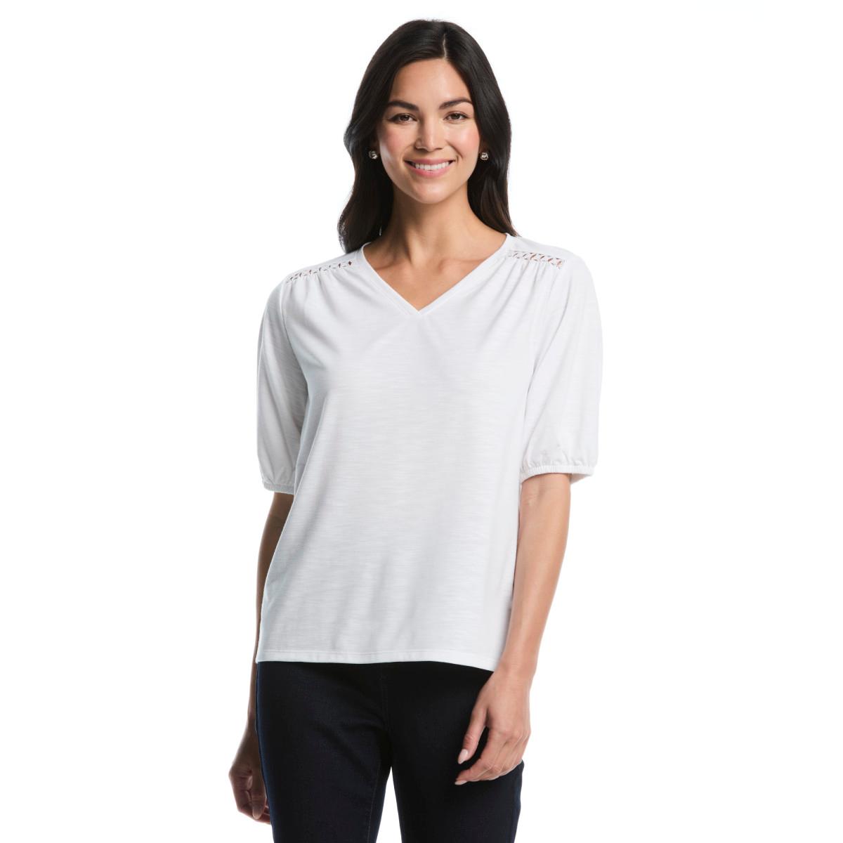 Click here for Womens Rafaella(R) Elbow Puff Sleeve Solid V Neck... prices