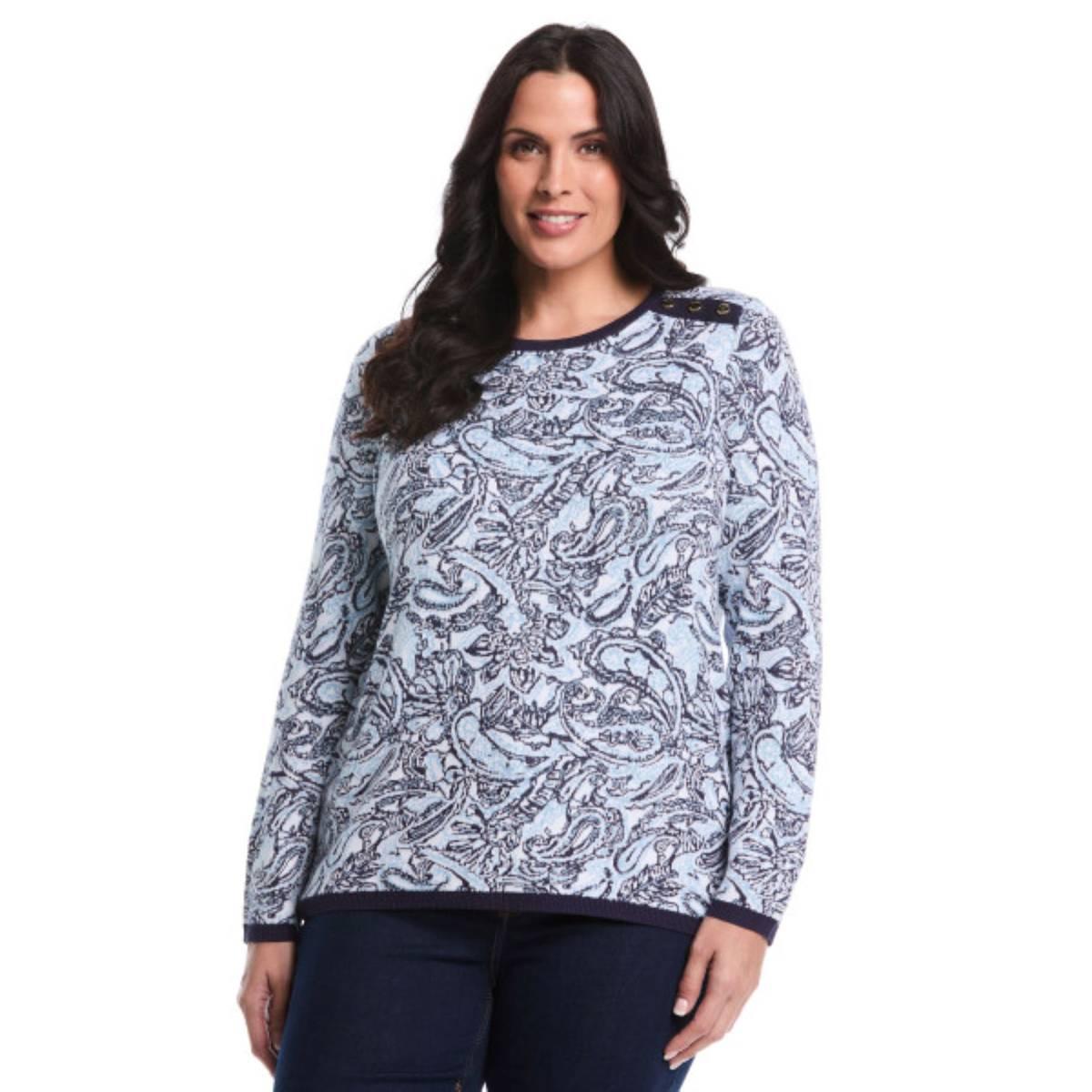 Plus Size Rafaella(R) Long Sleeve Shoulder Rivet Paisley Sweater