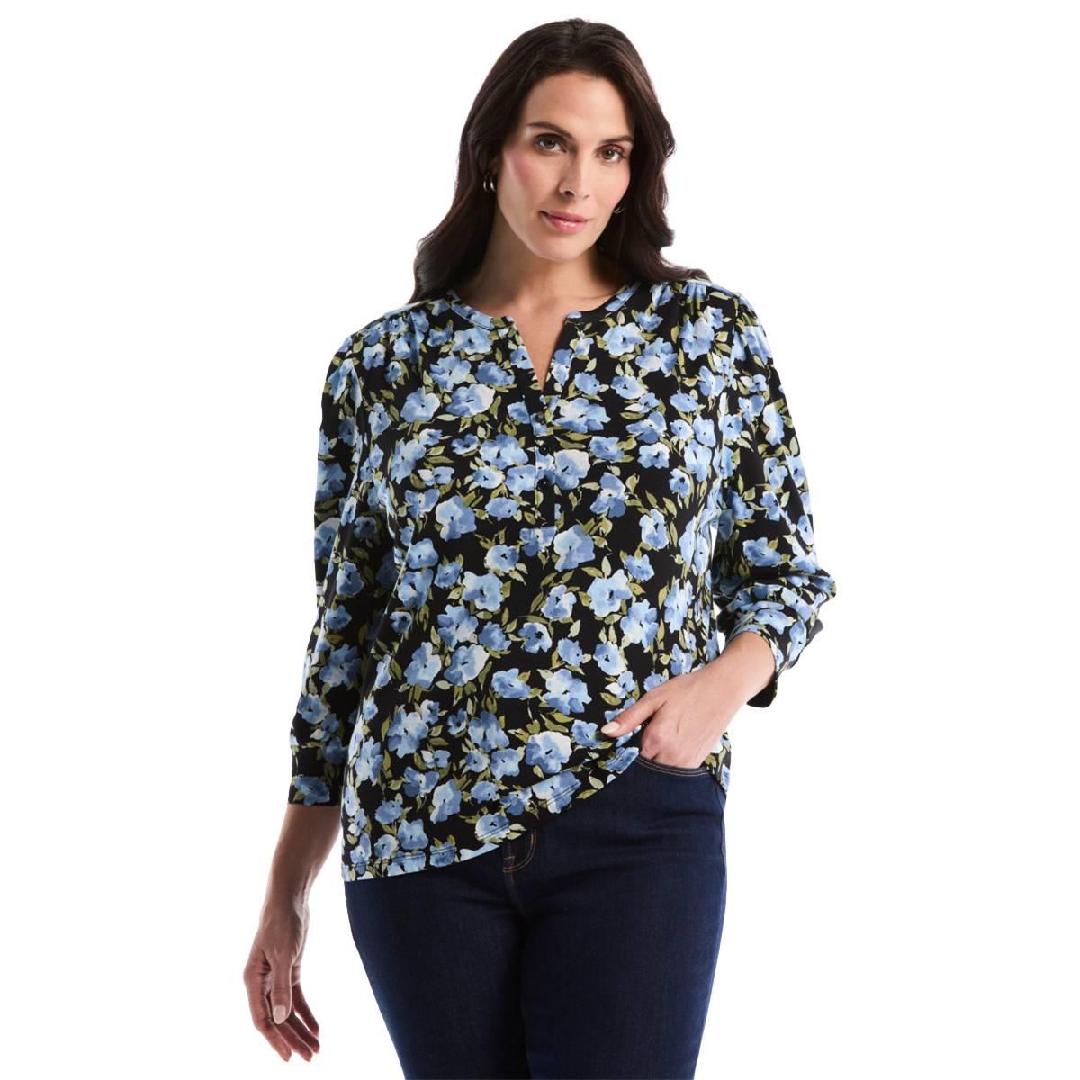 Rafaella Plus Size Floral Print Shirred 3/4-Length Sleeve Top - Black