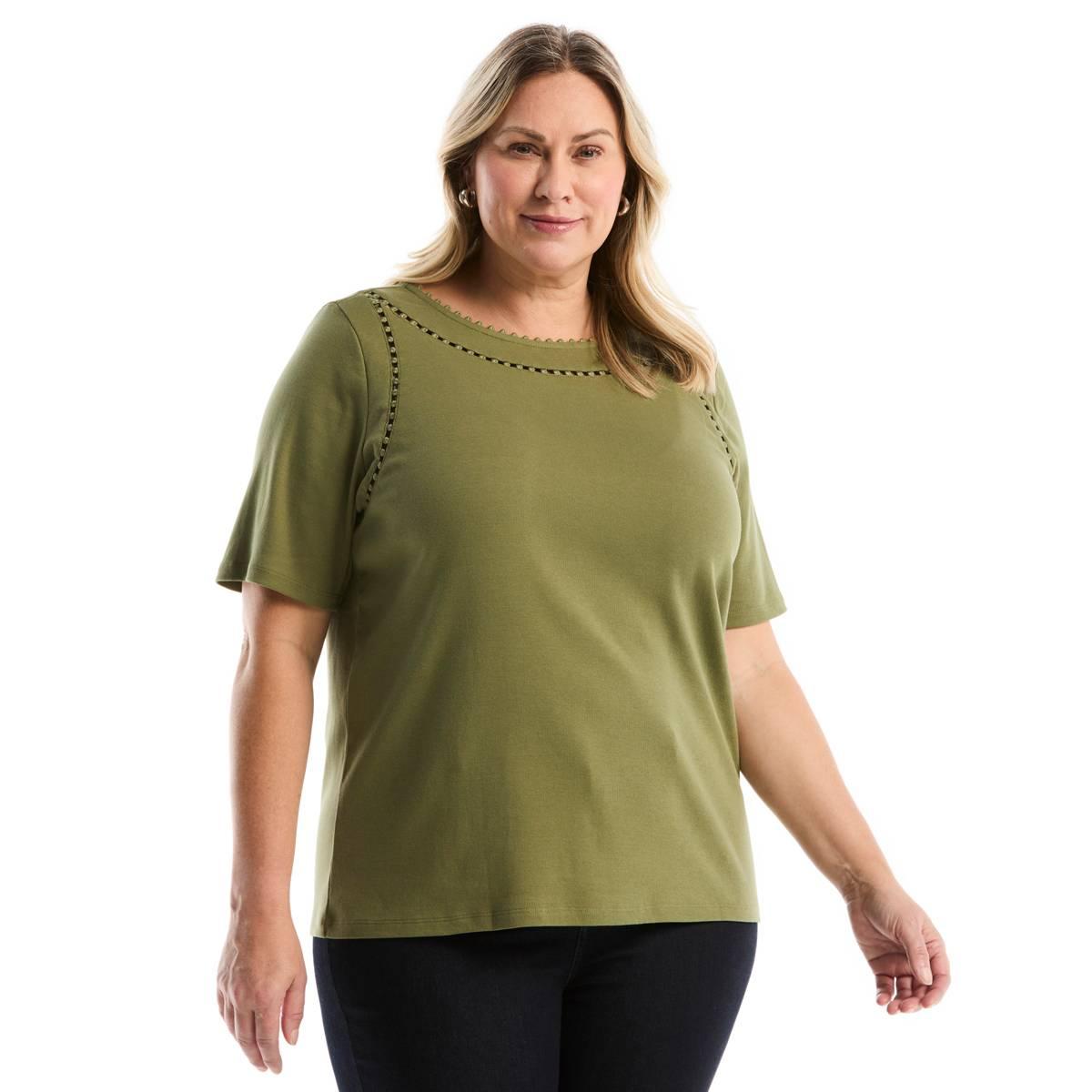 Click here for Plus Size Rafaella(R) Short Sleeve Solid Pom Trim... prices