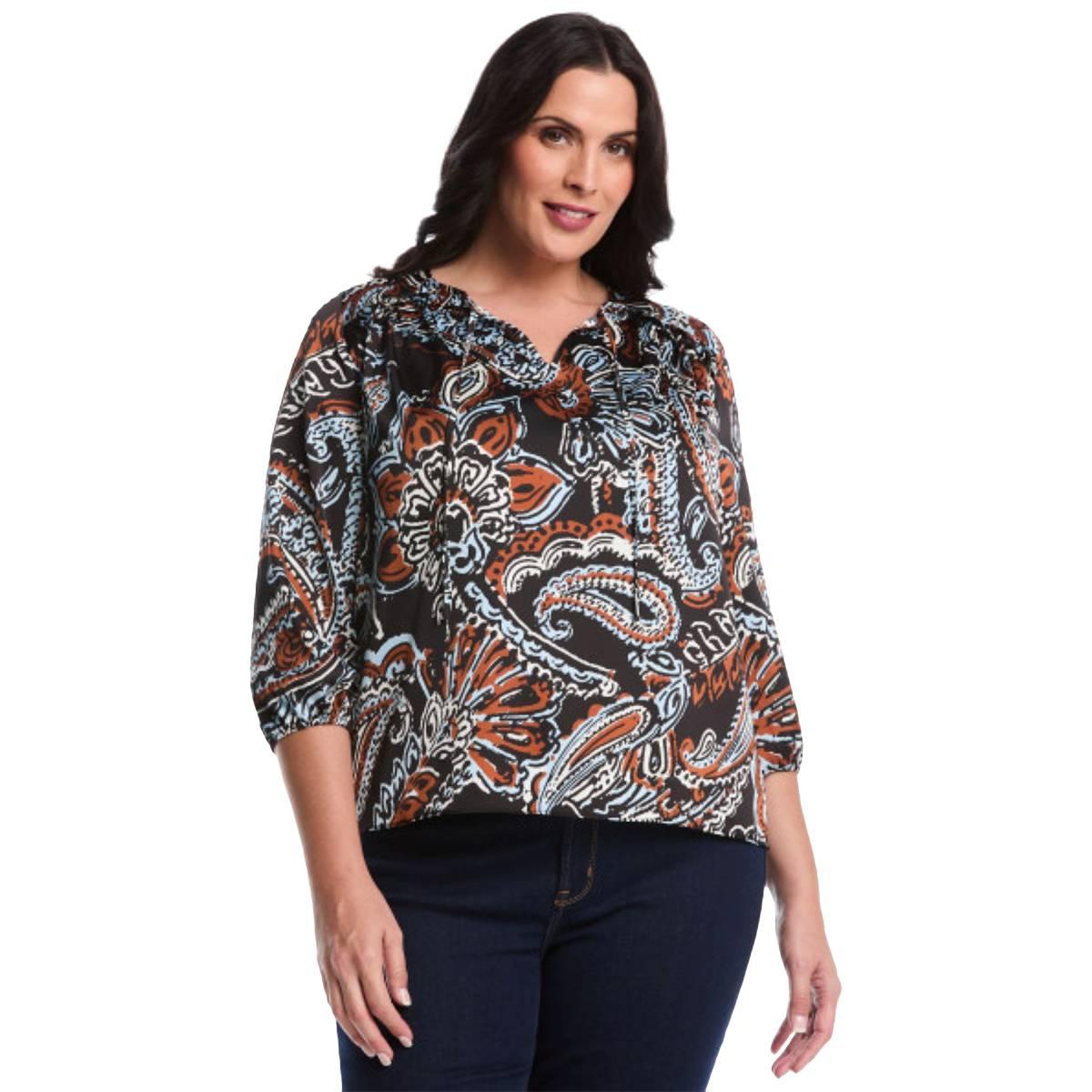 Plus Size Rafaella(R) 3/4 Ruffle Puff Sleeve Paisley Blouse